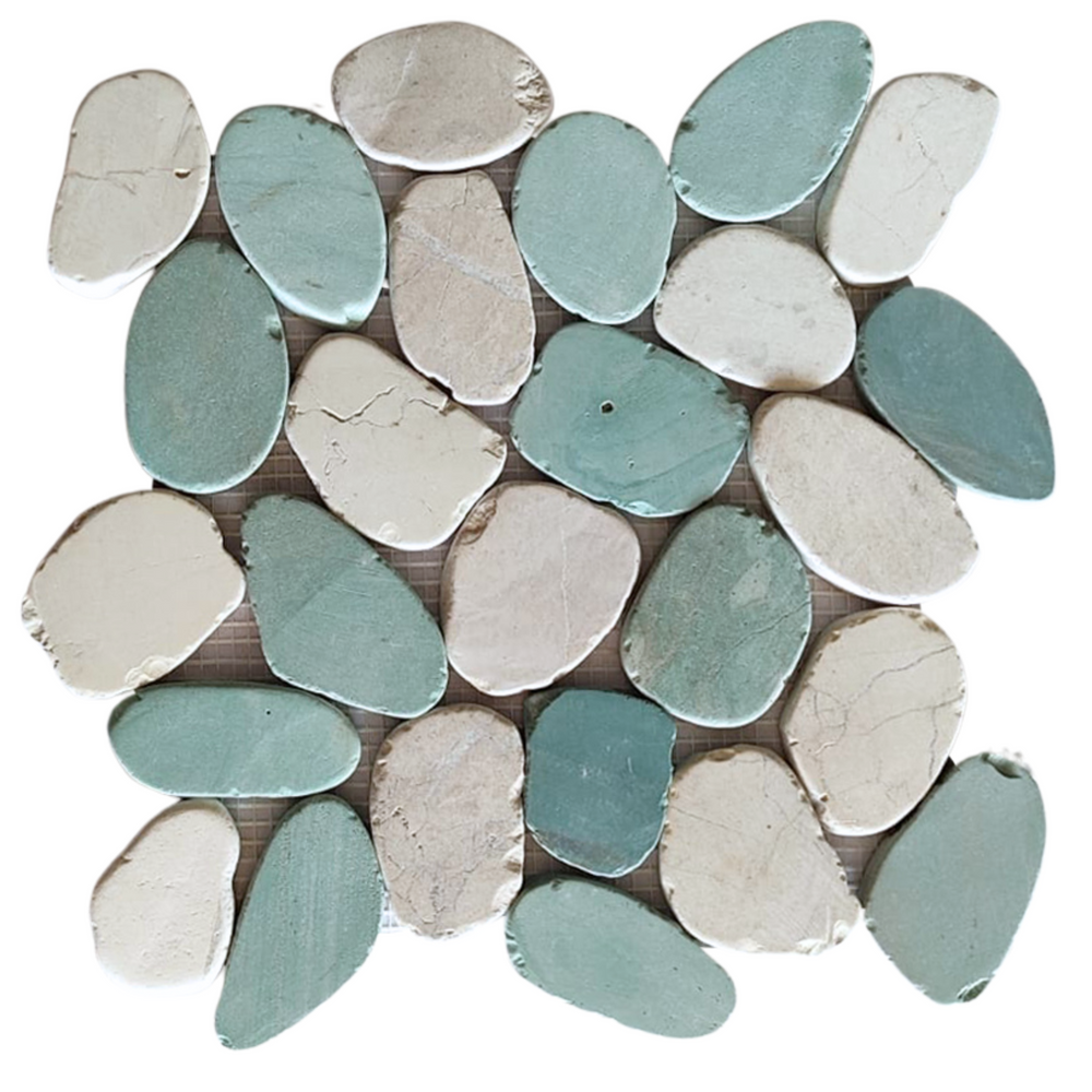 Mix White and Sea Green XL Sliced Pebble Tiles | Pebble Tile Shop