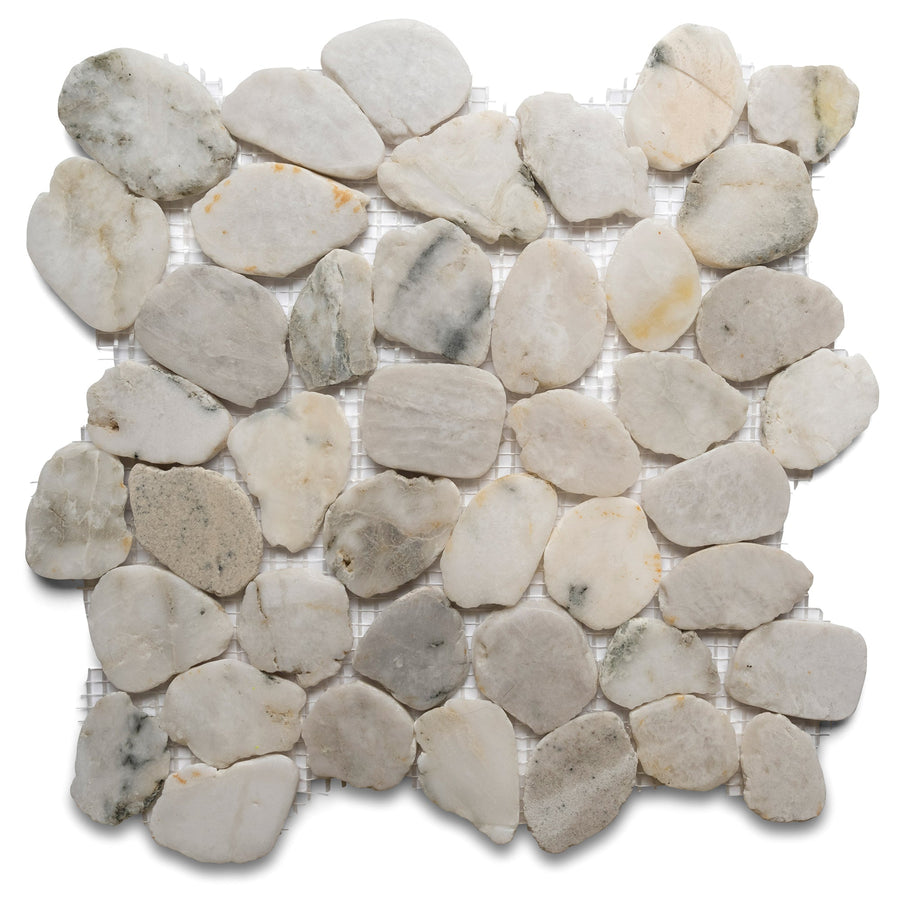 Glacier White Sliced Round Medium Pebble Tile | Pebble Tile Shop